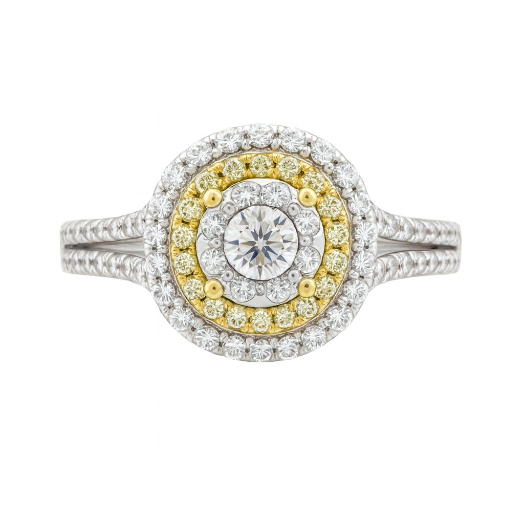 Two Hearts® Golden Aura Round Halo Engagement Ring – Harry Ritchies